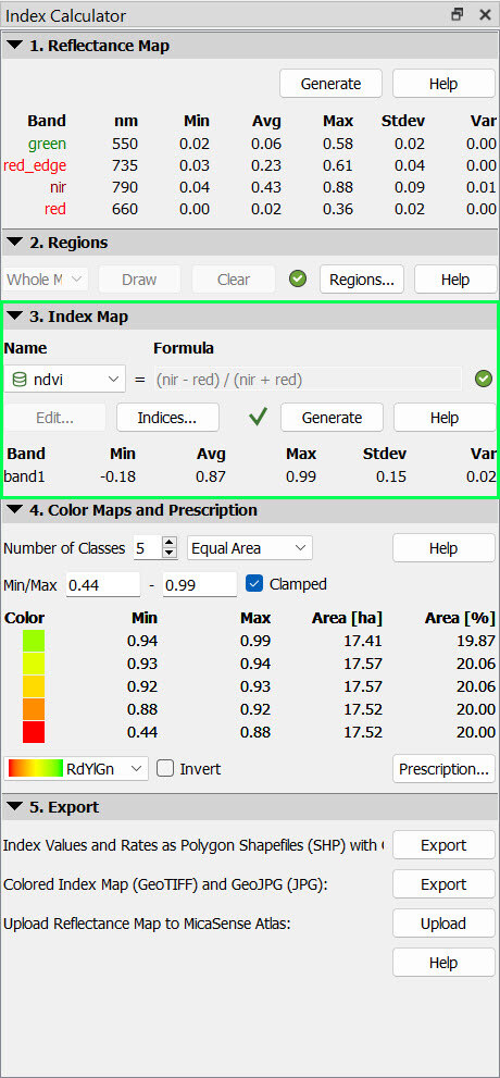 Menu View > Index Calculator > Sidebar > 3. Index Map - PIX4Dmapper